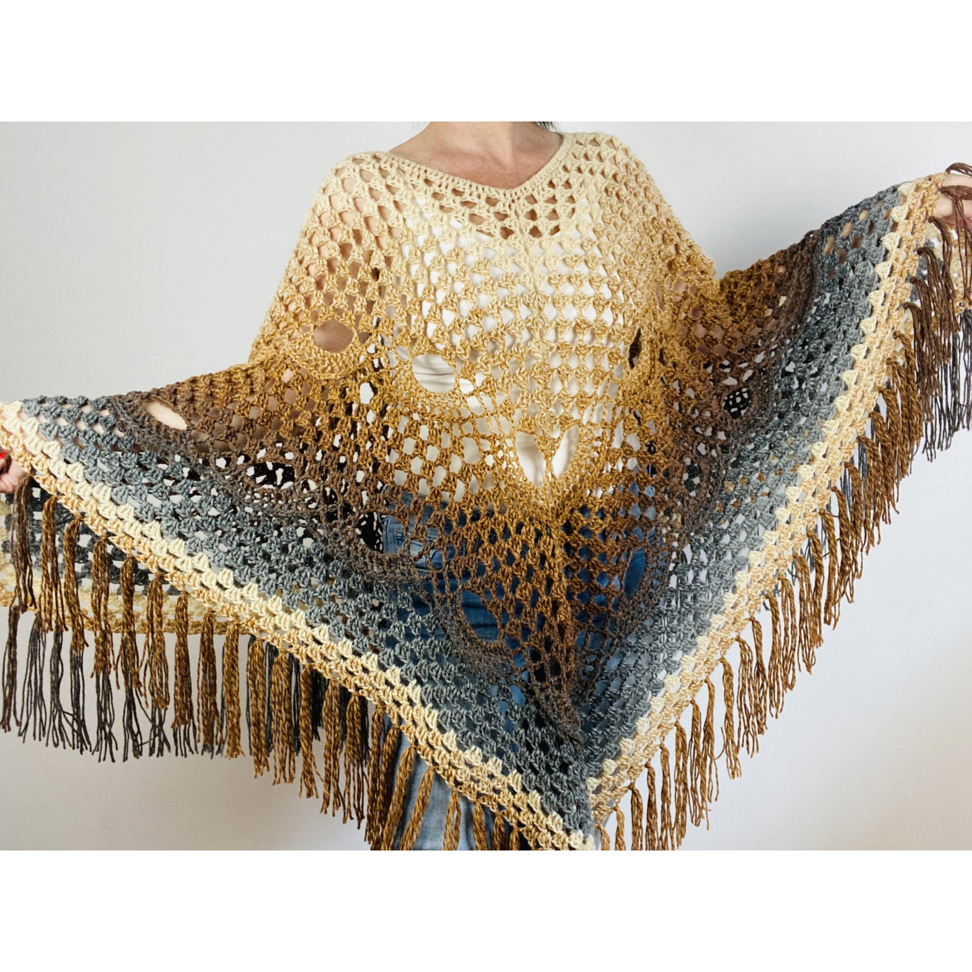Poncho women Brown alpaca wool plus size poncho ombre crochet fringe ...