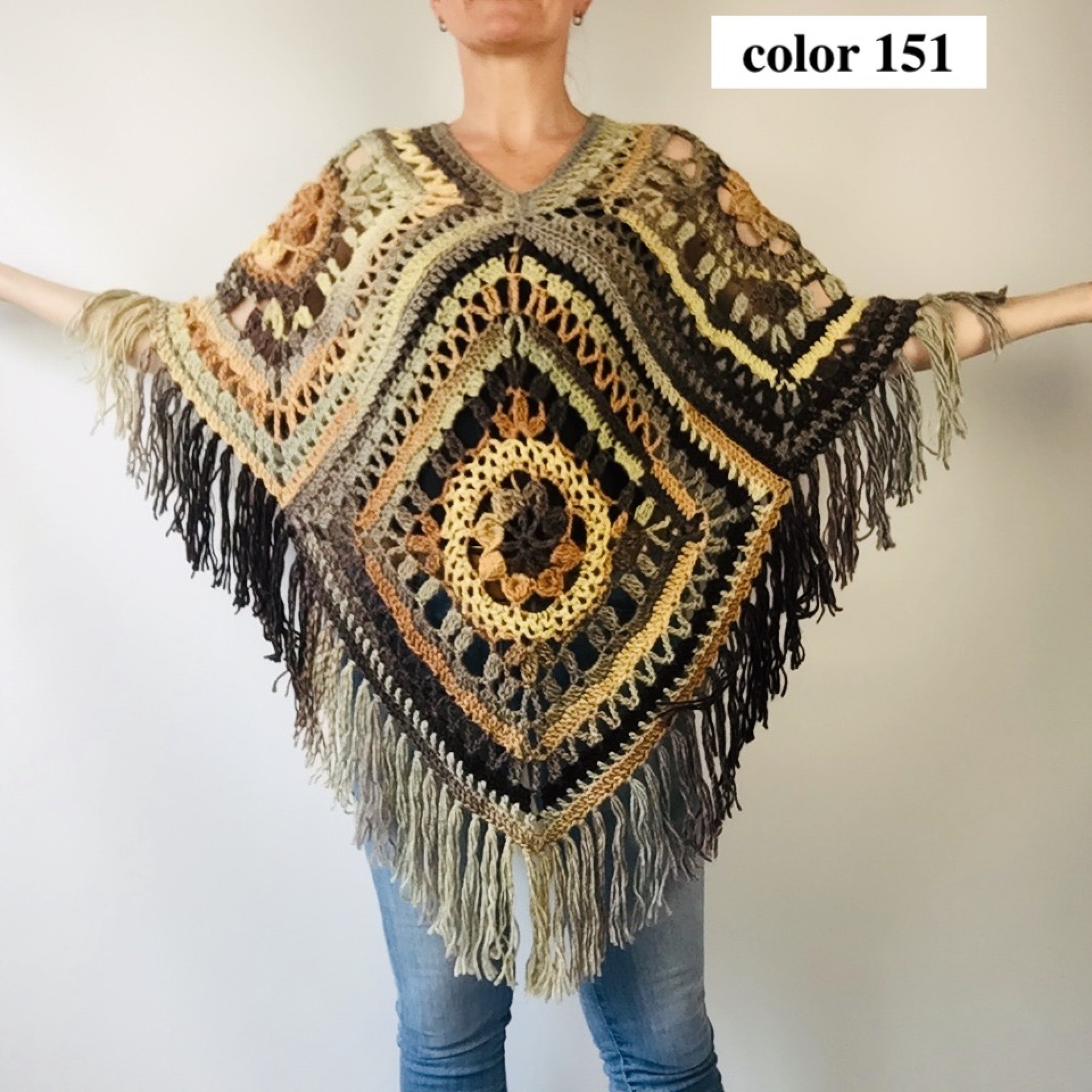 Black Crochet Granny Square Boho Wool Poncho with Fringes - Women's ...