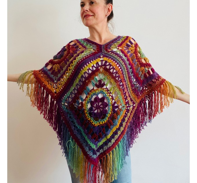 Red Violet Granny Square Crochet Poncho with Fringe Boho Women Wrap ...