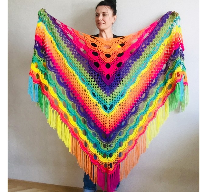 Rainbow Neon Shawl Fringe Plus Size Shawl Rainbow Granny Square Shawl ...