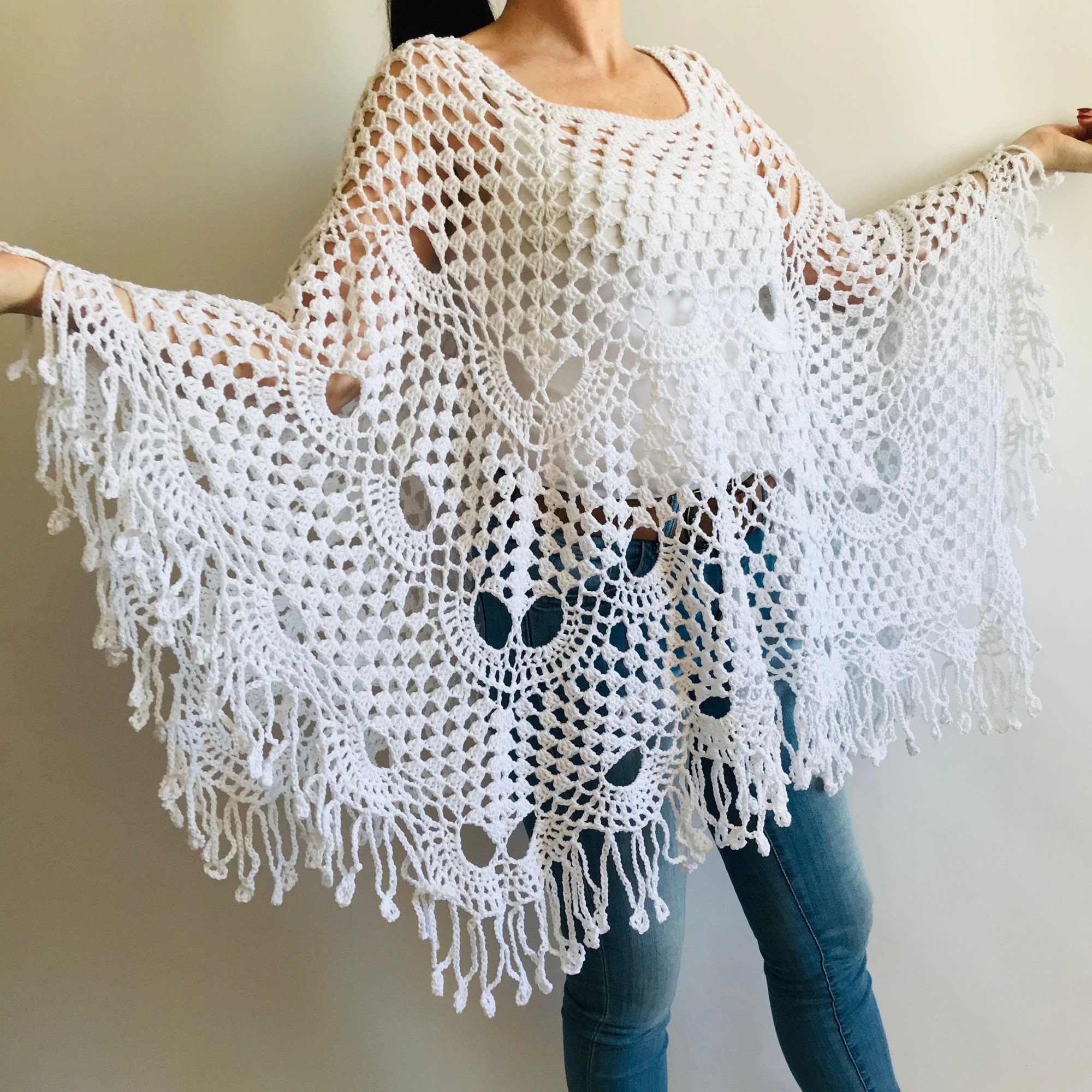 Crochet Poncho Handmade gift, White Spring poncho, Plus Sizes Vegan ...