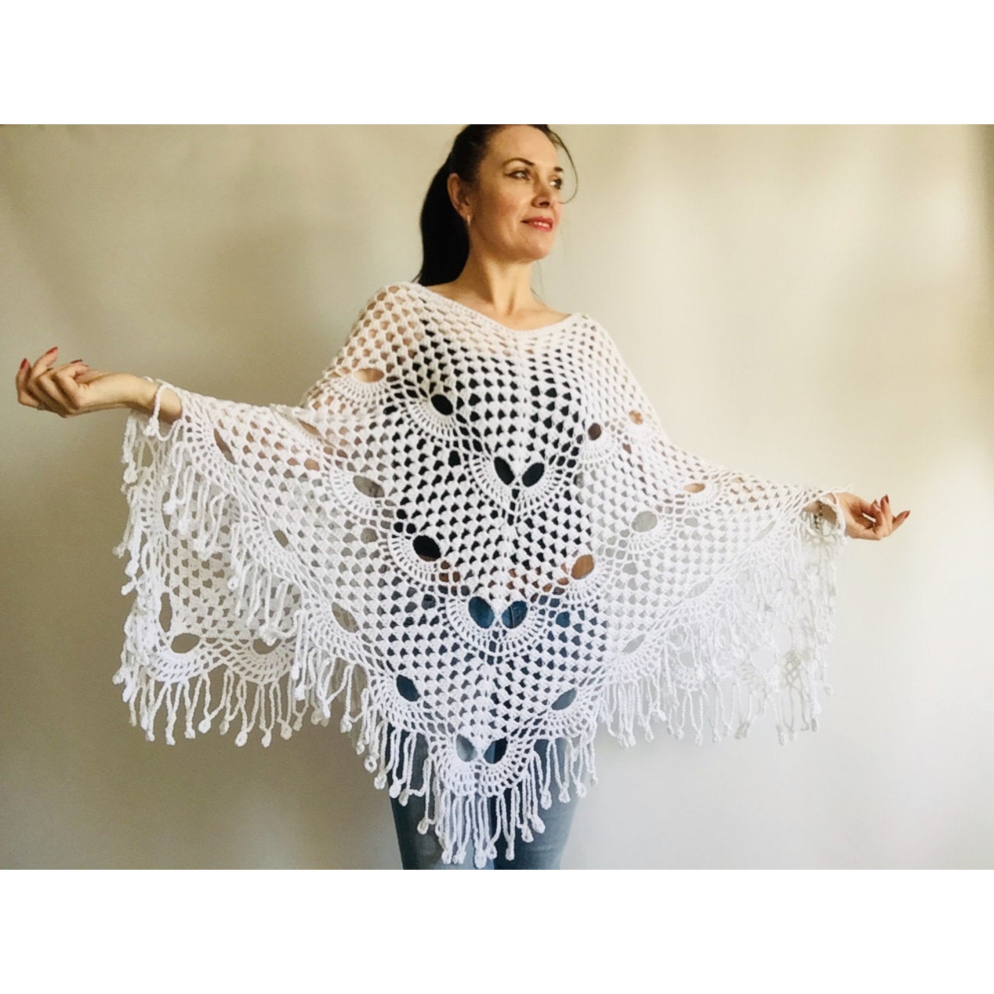Crochet Poncho Handmade gift, White Spring poncho, Plus Sizes Vegan ...